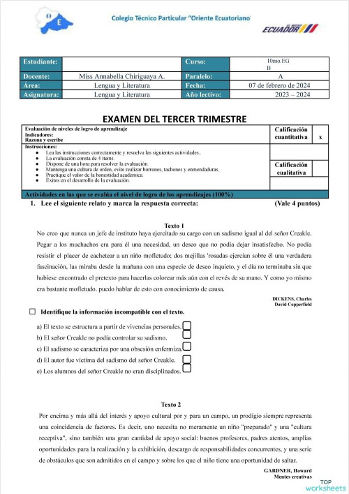 EXAMEN DE LENGUA Y LITERATURA 10mo.EGB. Ficha interactiva | TopWorksheets