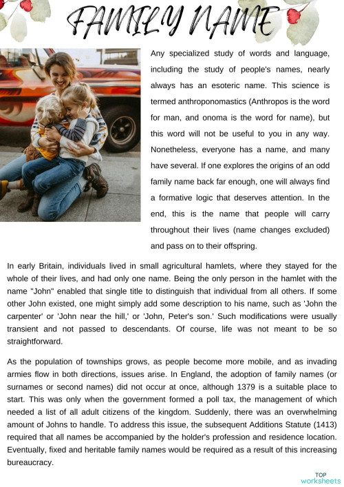 READING: FAMILY NAME. Interactive worksheet | TopWorksheets