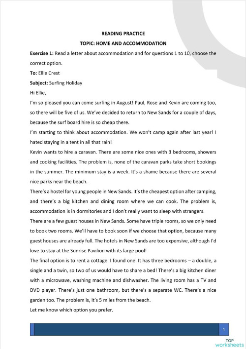 READING PRACTICE - HOME A1. Interactive worksheet | TopWorksheets