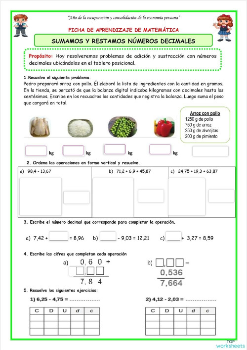 Suma y resta con números decimales. Ficha interactiva | TopWorksheets