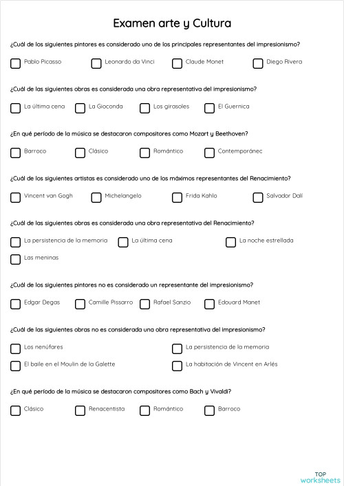Examen arte y Cultura. Ficha interactiva | TopWorksheets