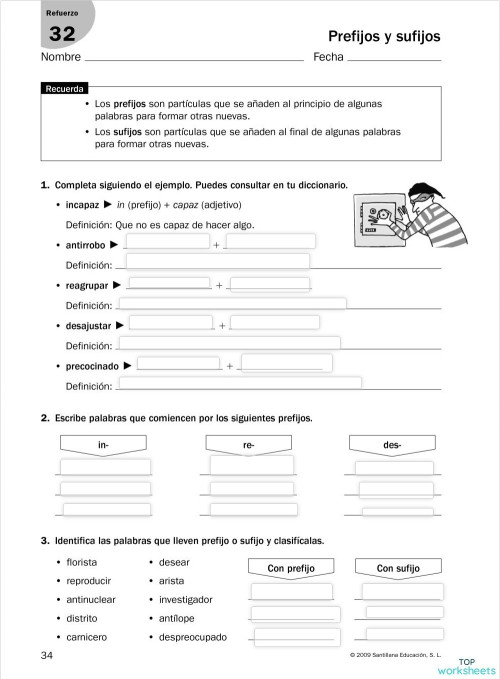 Prefijos y sufijos: fichas interactivas y ejercicios online | TopWorksheets