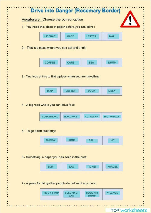 Drive into Danger vocabulary. Interactive worksheet | TopWorksheets