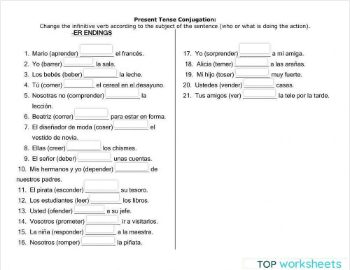 -ER Verbs in Present Tense. Ficha interactiva | TopWorksheets