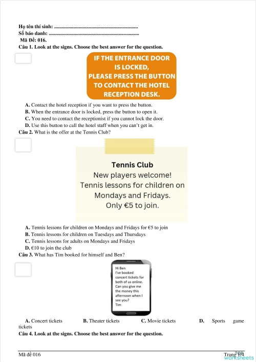 TEST 16 - SIGNS. Interactive worksheet | TopWorksheets