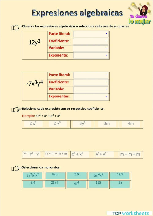 Expresiones algebraicas. Ficha interactiva | TopWorksheets