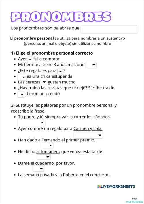 Pronombres. Ficha interactiva | TopWorksheets
