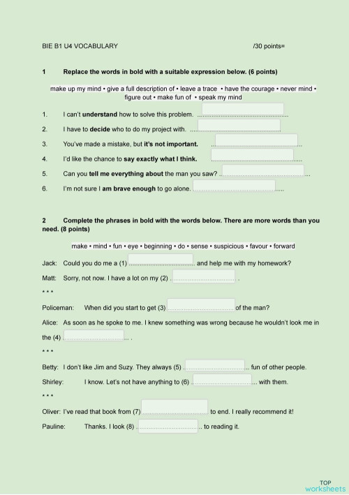 BIE B1 U4 Vocabulary test. Interactive worksheet | TopWorksheets