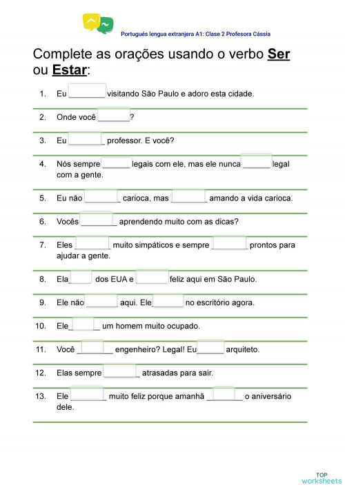 Exercício Pronome Pessoal - SER/ESTAR. Ficha interativa | TopWorksheets