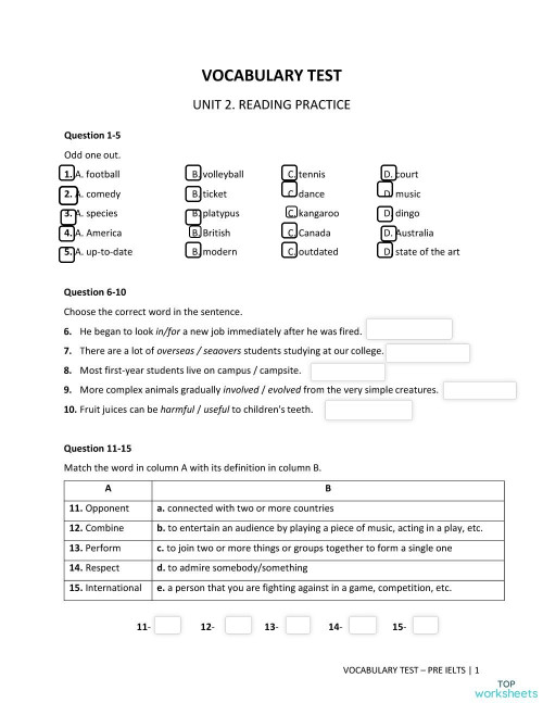 Vocab test-Reading Practice 1. Interactive worksheet | TopWorksheets