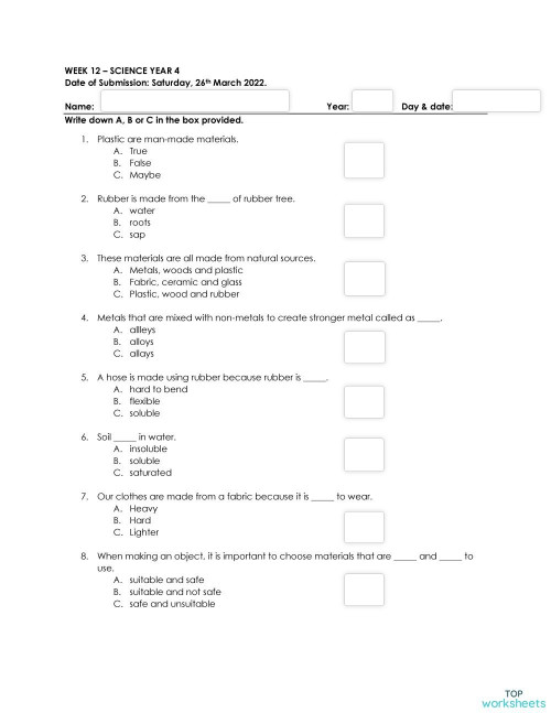 WEEK 12 - SCIENCE YEAR 4ABC. Interactive worksheet | TopWorksheets