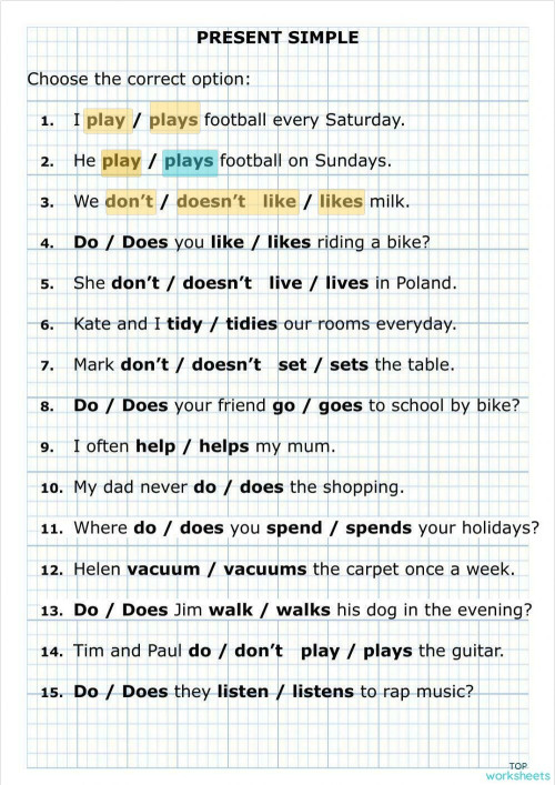 present simple. clic the correct option. Interactive worksheet ...