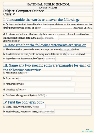 Class 5_Computer Science Assessment. Interactive worksheet | TopWorksheets