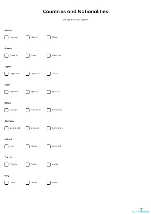 Countries and Nationalities. Interactive worksheet | TopWorksheets