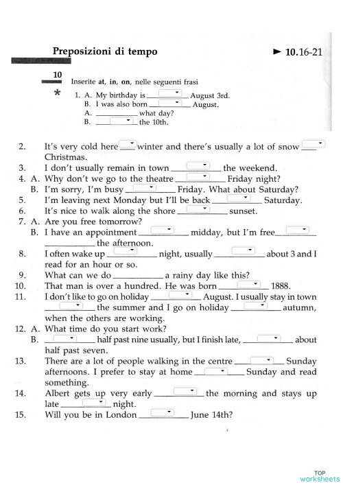 preposizioni di tempo. Interactive worksheet | TopWorksheets