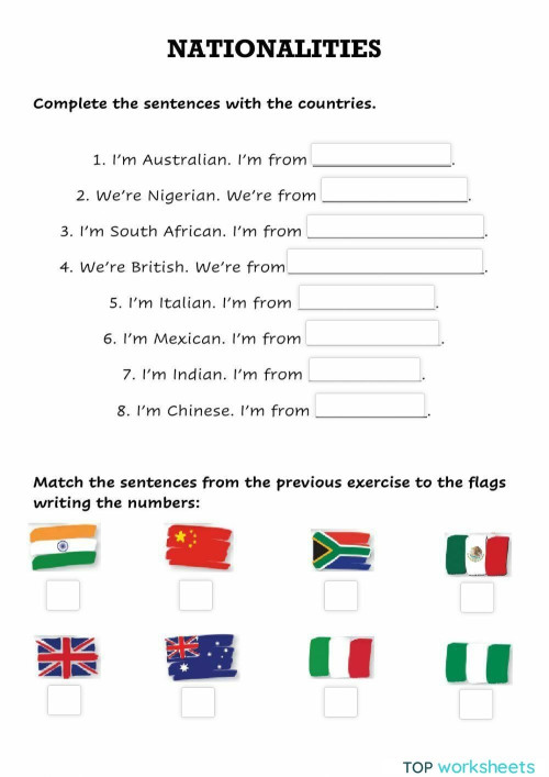 Writing - Nationalities. Interactive worksheet | TopWorksheets