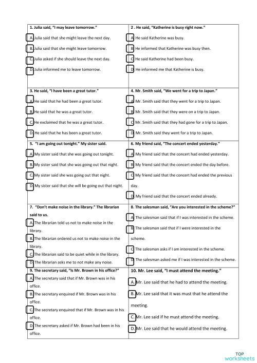REPORTED SPEECH REVIEW. Interactive worksheet | TopWorksheets