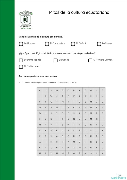 Mitos de la cultura ecuatoriana. Ficha interactiva | TopWorksheets