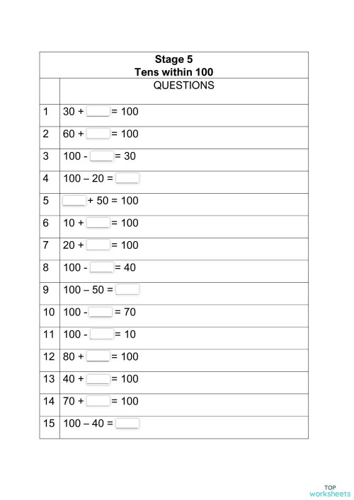 BF - ST5 - 10s within 100. Interactive worksheet | TopWorksheets