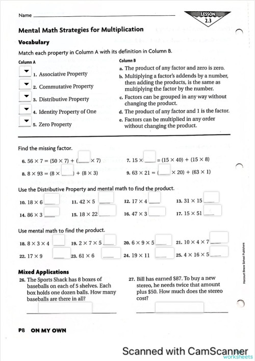 Lesson 2.3 Mental Math for Multiplication (6th). Interactive worksheet ...