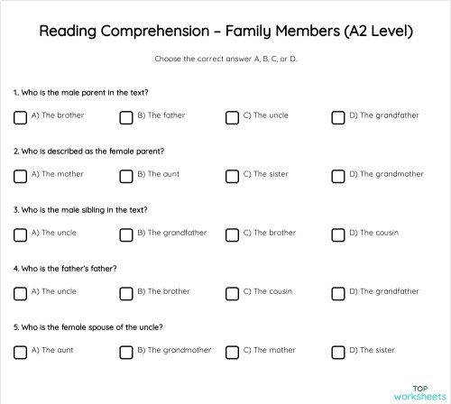 Reading Comprehension – Family Members (A2 Level). Interactive worksheet | TopWorksheets