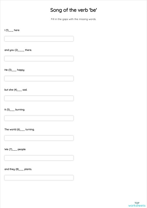 Song of the verb 'be'. Interactive worksheet | TopWorksheets