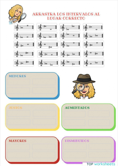 Ejercicio intervalos simples con alteraciones (arrastrar). Ficha interactiva | TopWorksheets