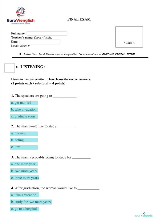 FINAL EXAM - B5W. Interactive worksheet | TopWorksheets