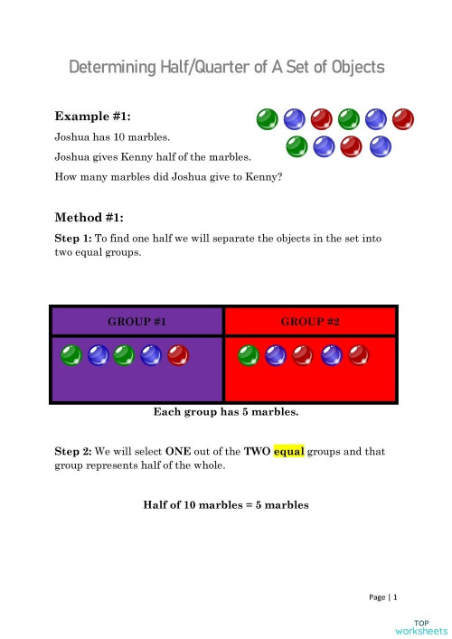 Determining One Half/One-Quarter of A Set. Interactive worksheet ...