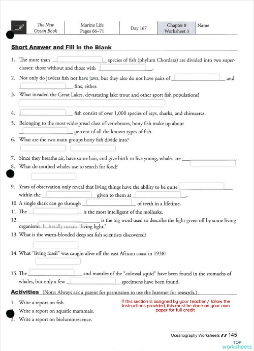 Chapter 8: Pg 145 Wk 3 Marine Life. Interactive worksheet | TopWorksheets