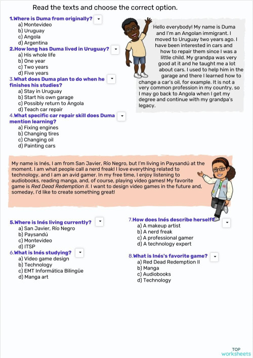 Read and choose the correct option. Interactive worksheet | TopWorksheets