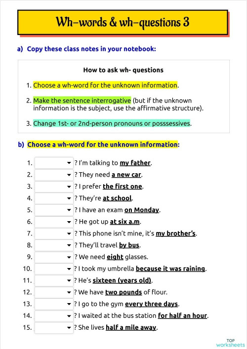 Wh-questions - part 1. Interactive worksheet | TopWorksheets