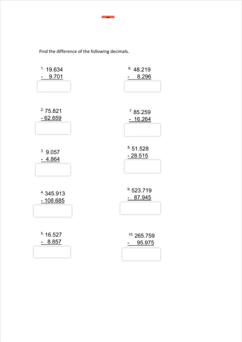 M_G05T02_WC04_Subtraction of Decimals. Interactive worksheet | TopWorksheets