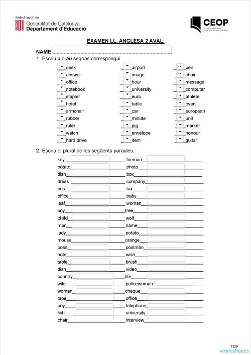 Prova PFI ANGLÈS 2A. Fitxa interactiva | TopWorksheets