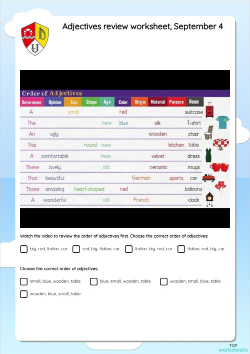 Adjectives review worksheet, September 4. Interactive worksheet ...
