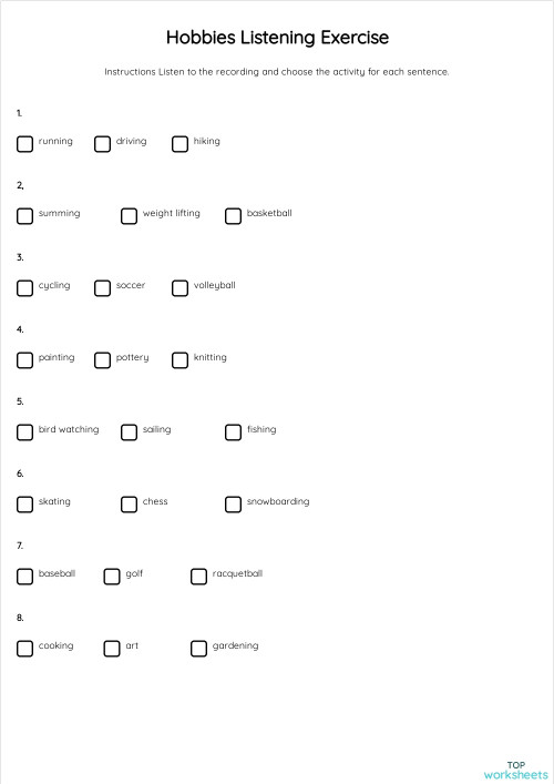 Hobbies Listening Exercise. Interactive worksheet | TopWorksheets