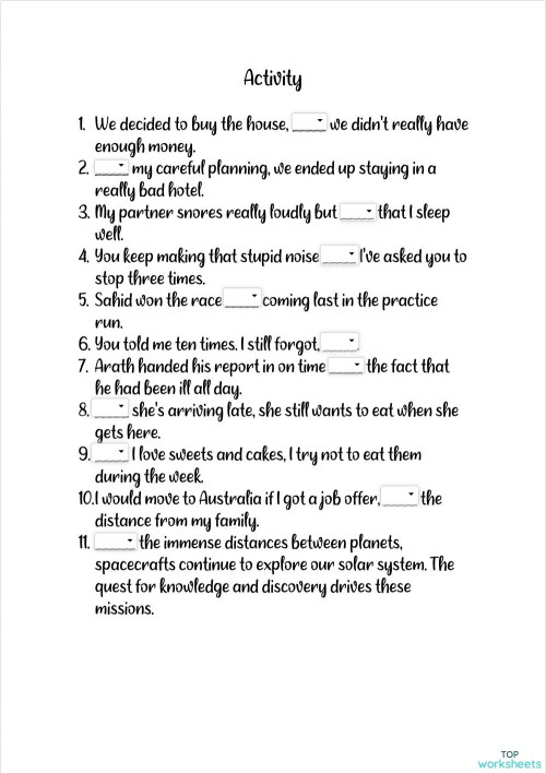 Although, In spite of and Despite. Interactive worksheet | TopWorksheets