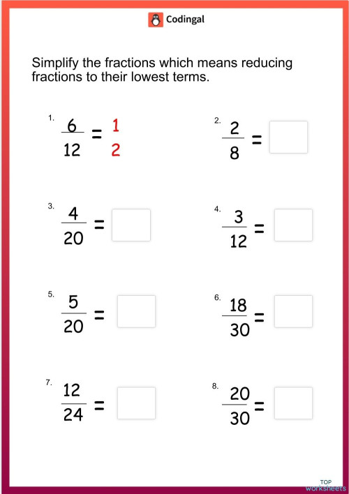 M_G04M08L25_WC02_Simplifying simple fractions. Interactive worksheet | TopWorksheets