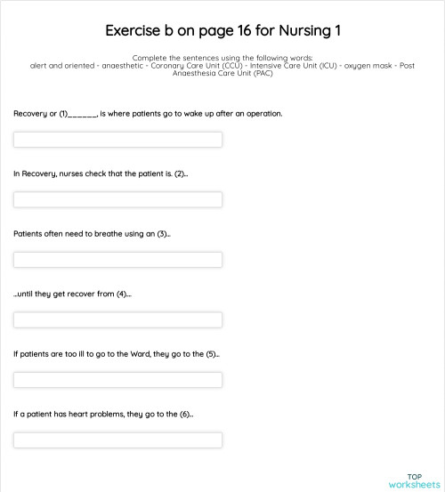 Exercise b on page 16 for Nursing 1. Interactive worksheet | TopWorksheets