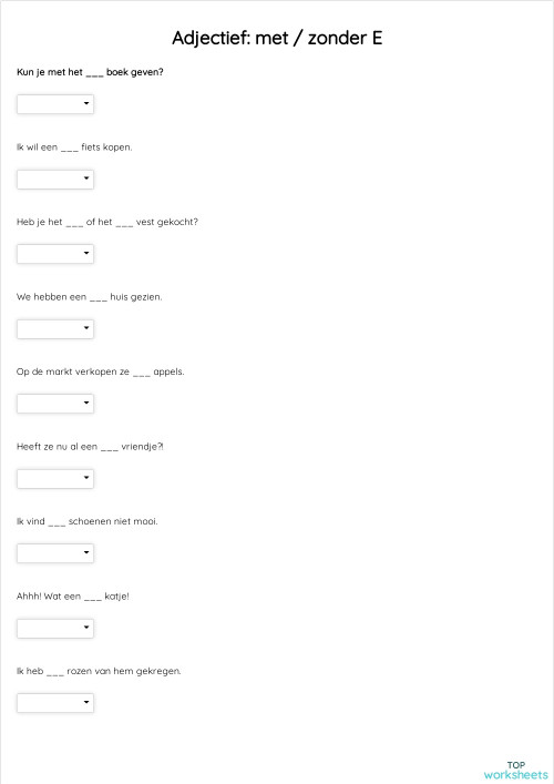Adjectief: met / zonder E. Interactive worksheet | TopWorksheets