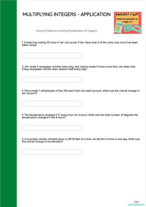 MULTIPLYING INTEGERS - APPLICATION. Interactive worksheet | TopWorksheets