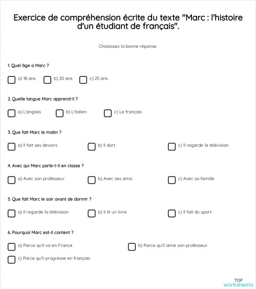 Exercice de compréhension écrite du texte "Marc : l'histoire d'un ...
