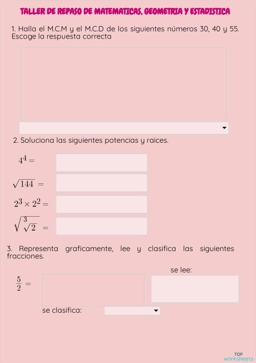 TALLER DE REPASO MATEMATICAS 3er PERIODO. Ficha interactiva | TopWorksheets
