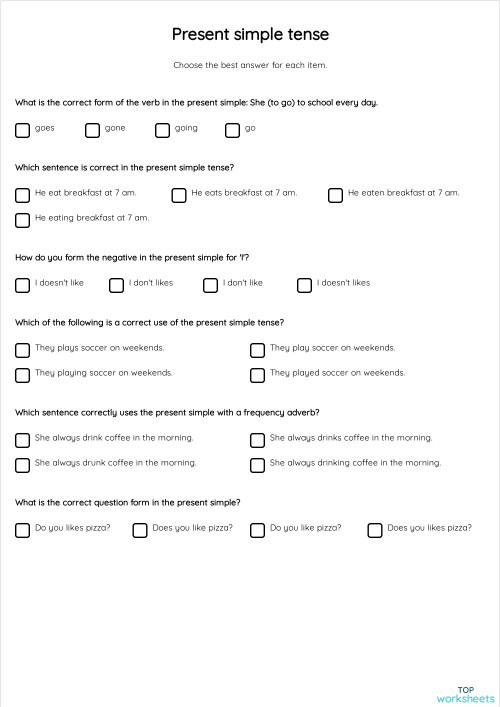 Present simple tense. Interactive worksheet | TopWorksheets