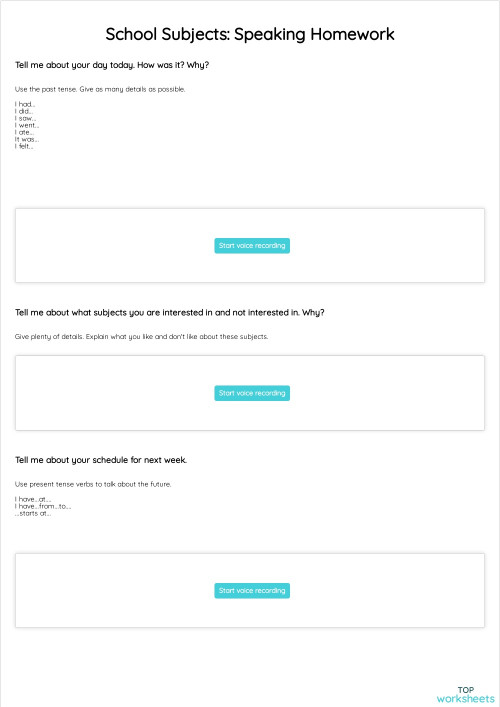 School Subjects: Speaking Homework. Interactive worksheet | TopWorksheets