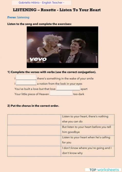 Listening – Roxette - Listen To Your Heart. Interactive worksheet ...