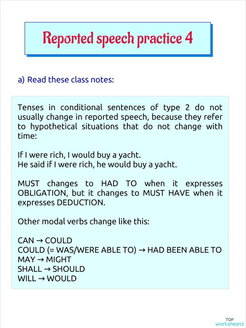Reported speech practice 4. Interactive worksheet | TopWorksheets
