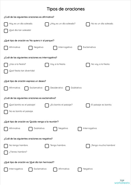 Ejercicio Tipos De Oraciones Ficha Interactiva Topworksheets The Best
