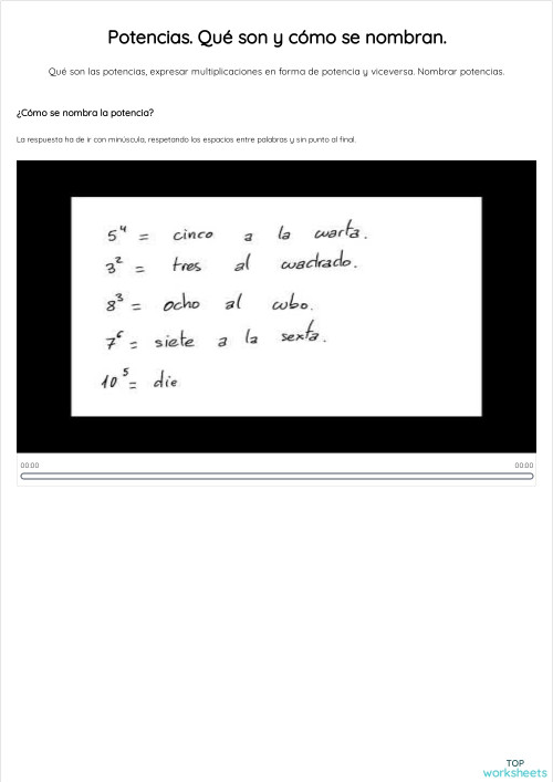 Potencias. Qué son y cómo se nombran.. Ficha interactiva | TopWorksheets