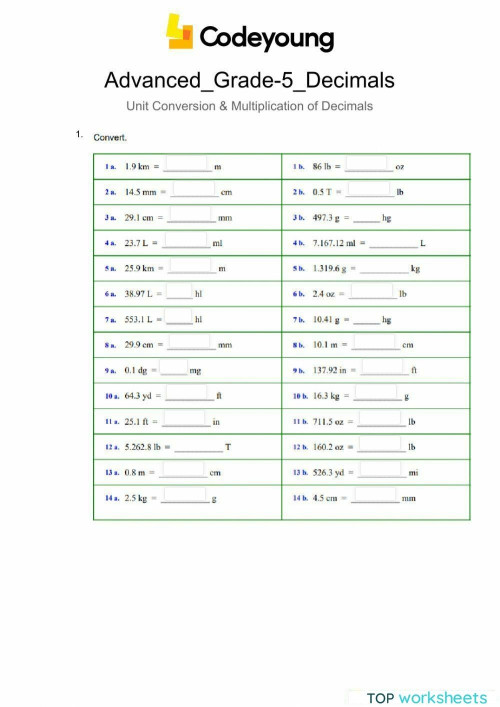 Advanced-Unit Conversion & Multiplication of Decimals. Interactive ...